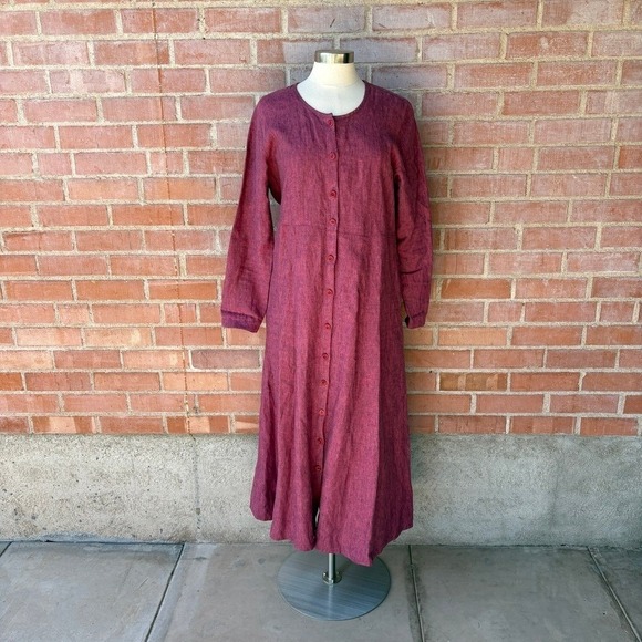 Flax | Dresses | Flax Long Linen Dress Large Dark Berry Button Up ...